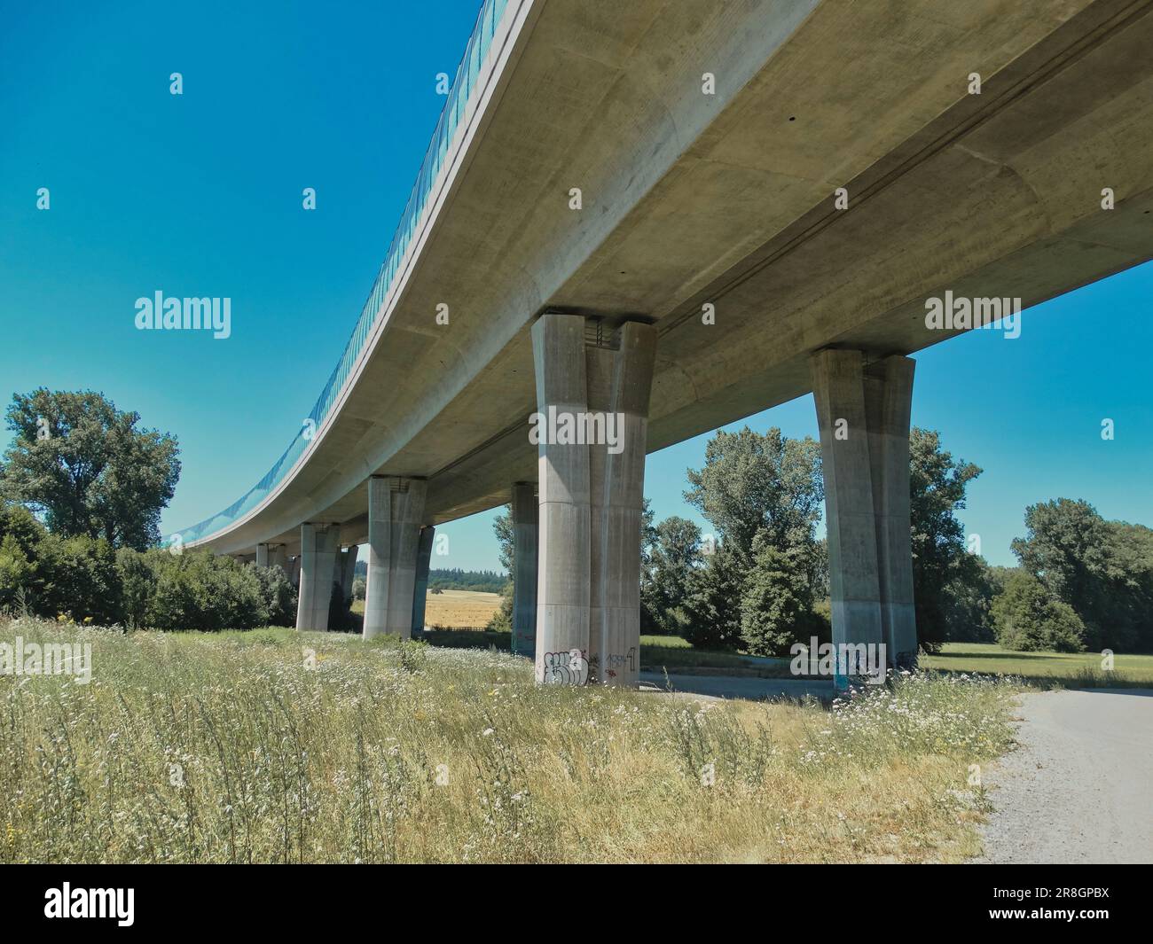 A motorway bridge on a section of the A8 in Germany from below with its ...