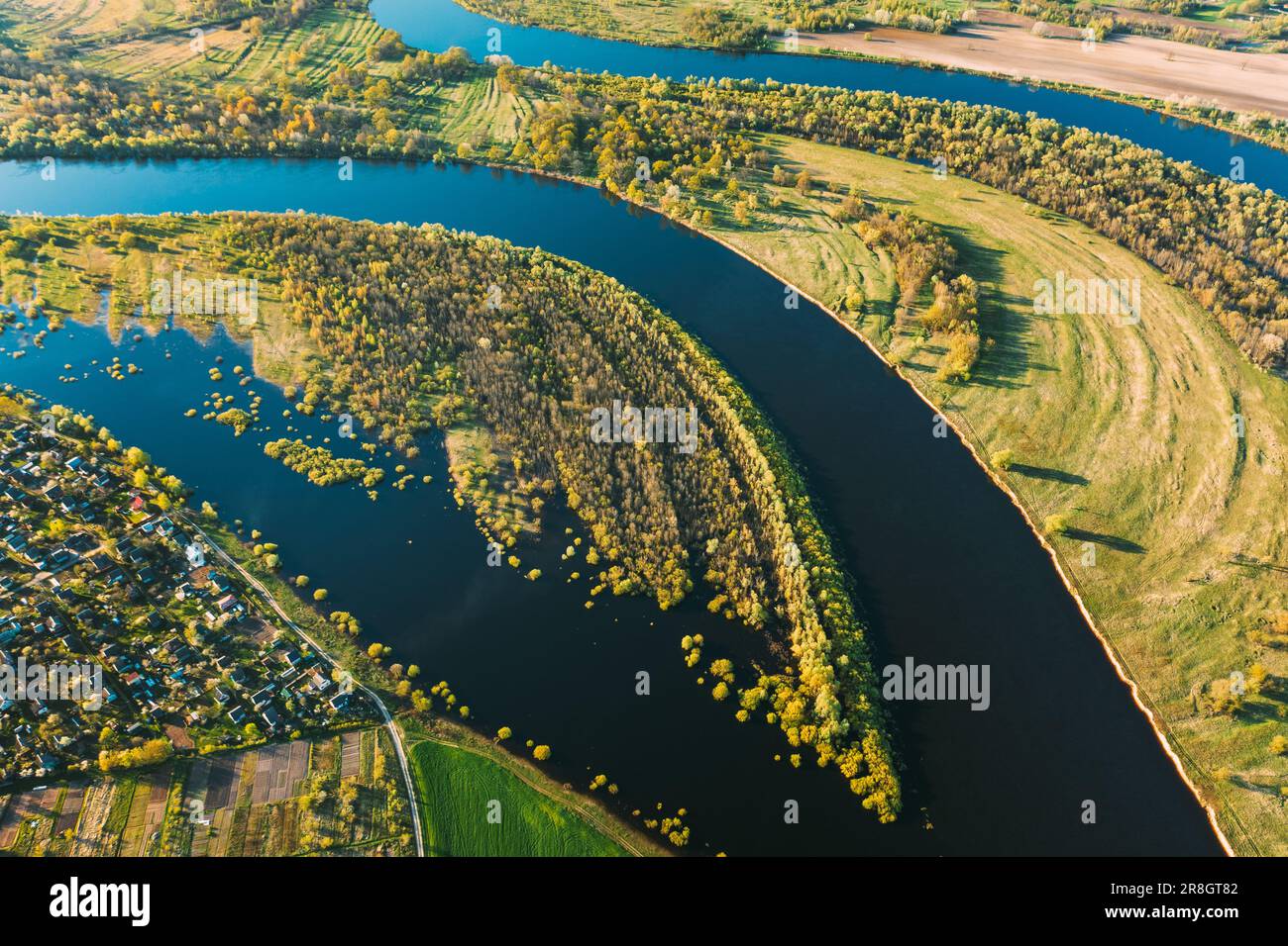 Village Near River, Aerial View Green Forest Woods And River Landscape ...