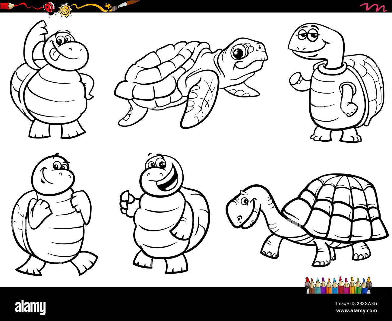 Black and white cartoon illustration of funny turtles reptiles comic ...
