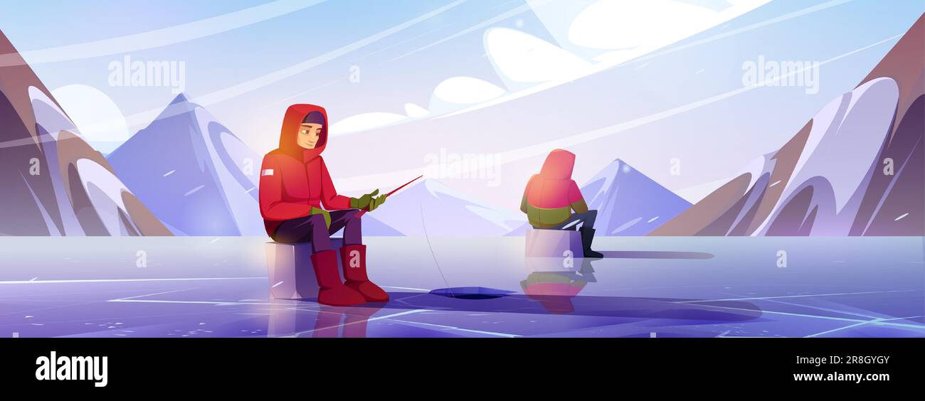 Ice winter man together fishing in hole vector illustration with ...