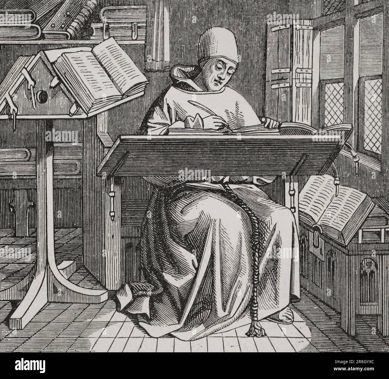 Scribe or copyist, surrounded by open books, working at his desk. 15th ...