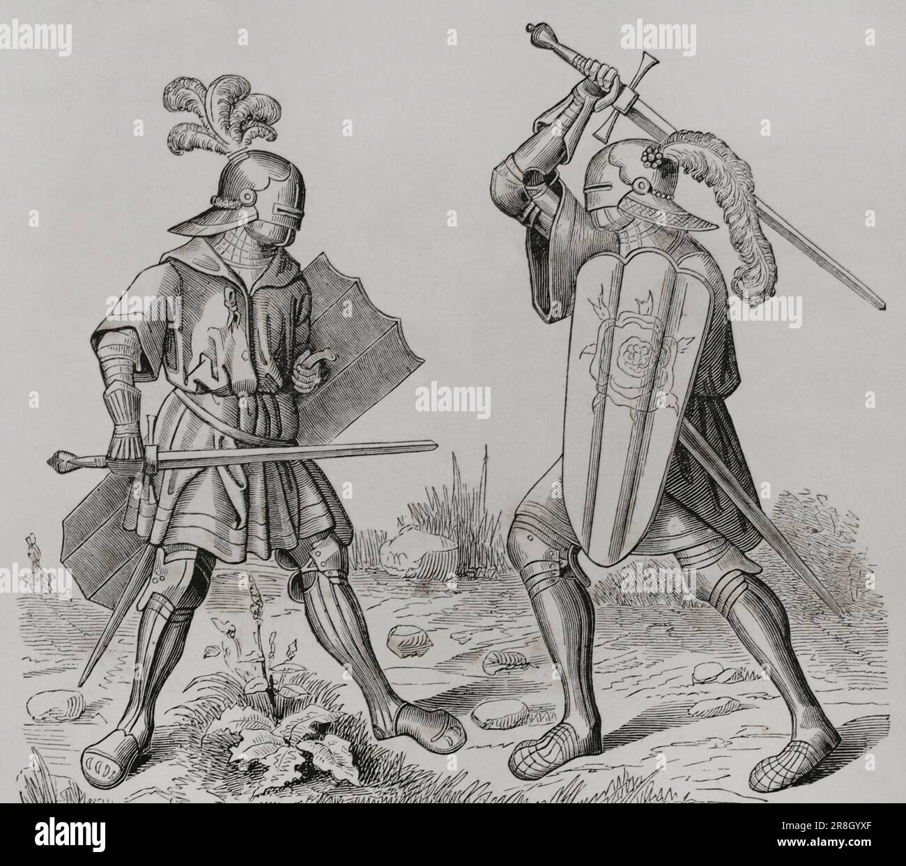 Knights wearing full armour, late 15th century. Engraving by Burgmayer ...