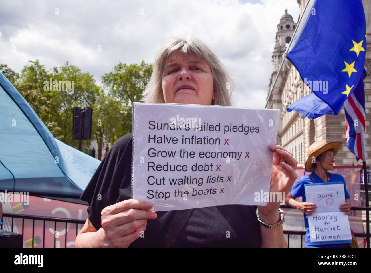 London, UK. 21st June 2023. Anti-Tory and anti-Brexit activists stage ...