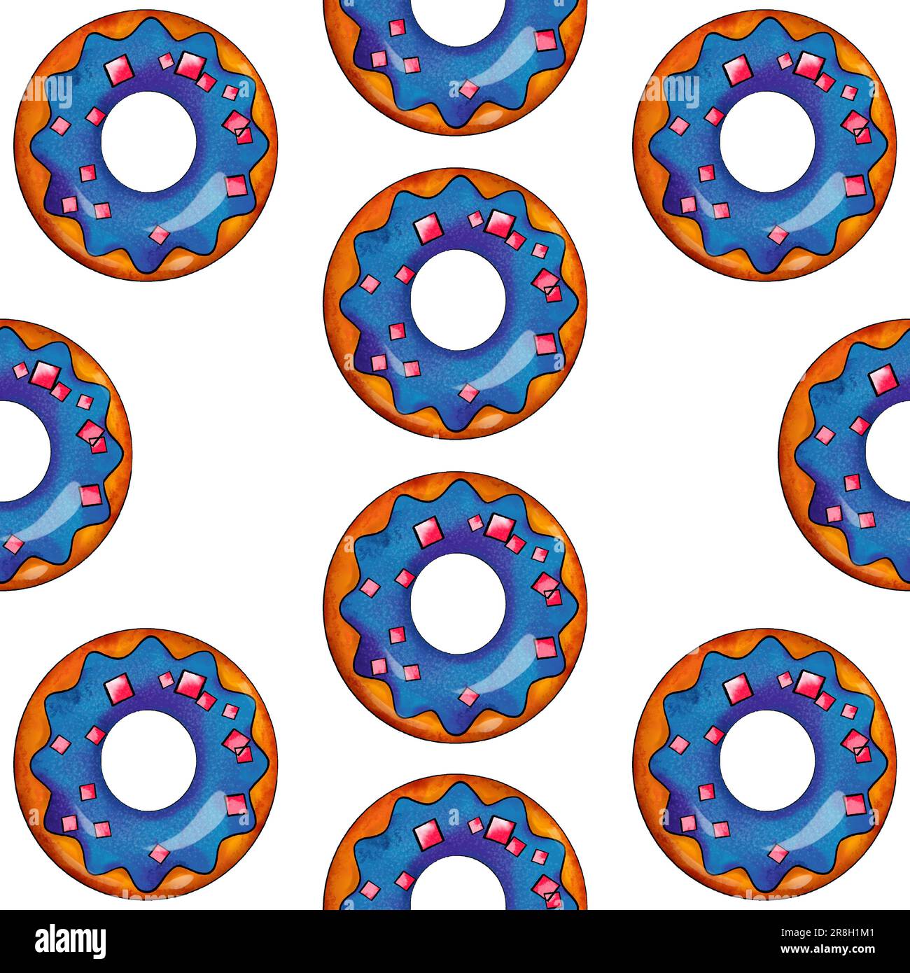 Seamless pattern of blue donuts on a white isolated background ...