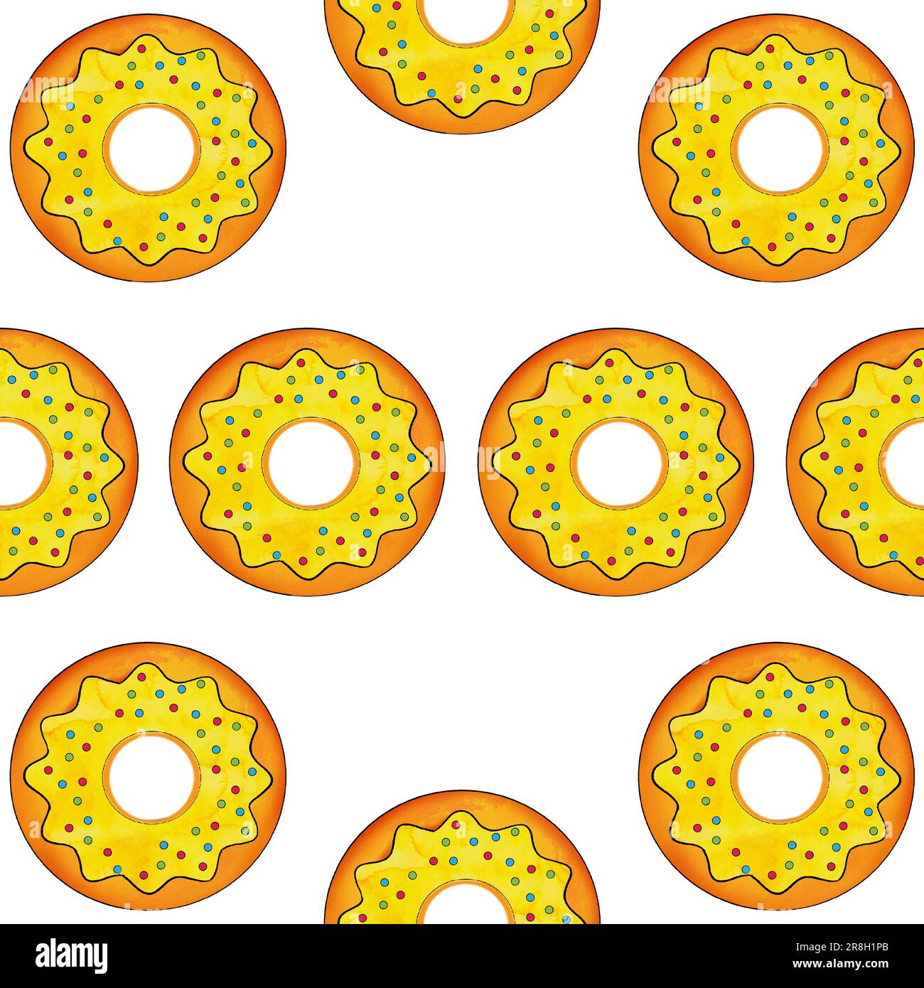Seamless pattern of yellow donuts on a white isolated background ...