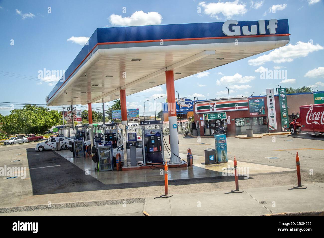 View from bus window of Gulf petrol gas service station, Merida ...