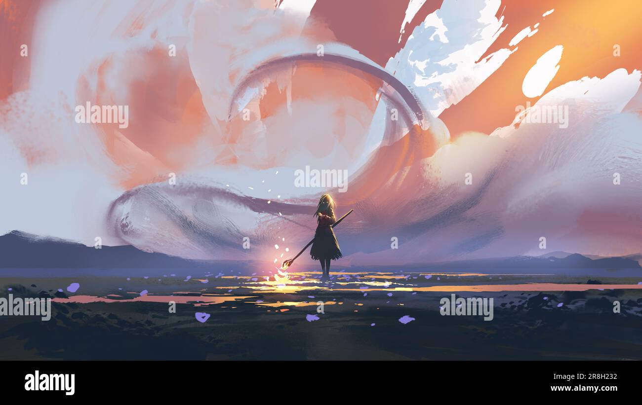 The little witch cast a spell with her magic wand on the ground ...