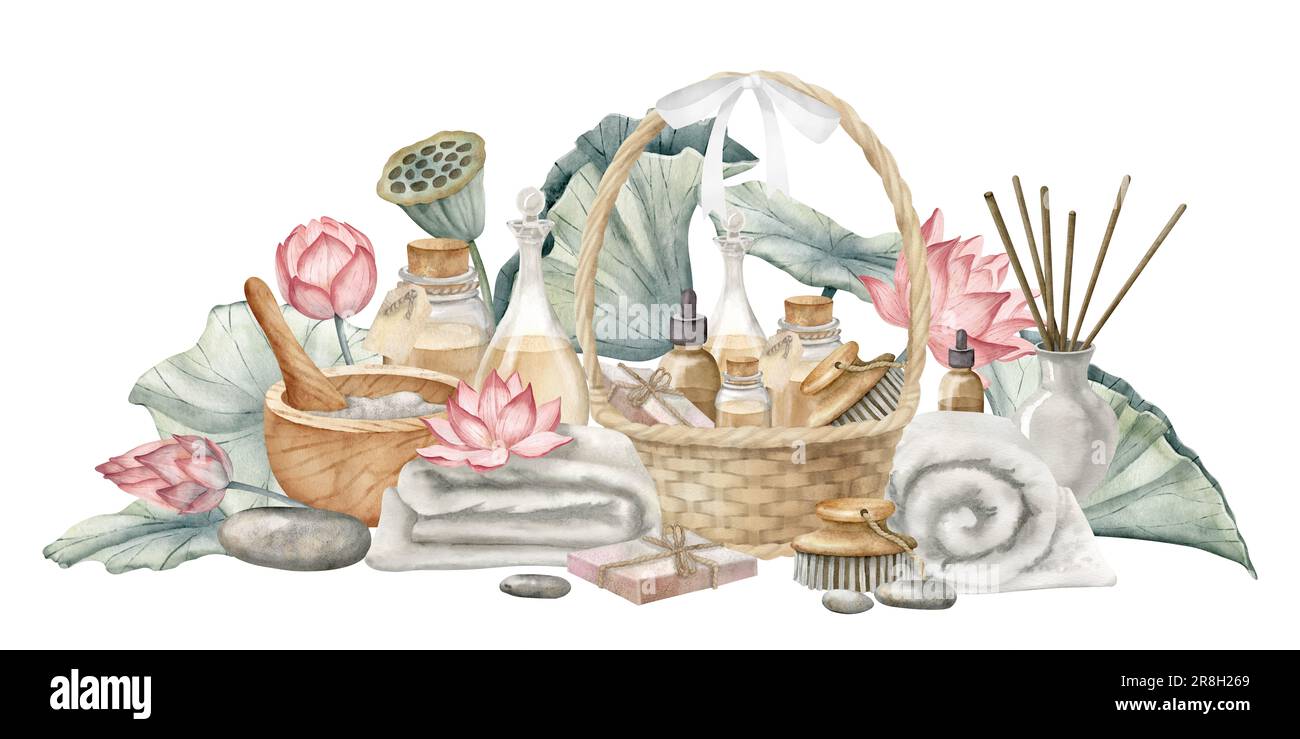 Spa eco products in basket of cosmetics and pink lotuses. Hand drawn ...