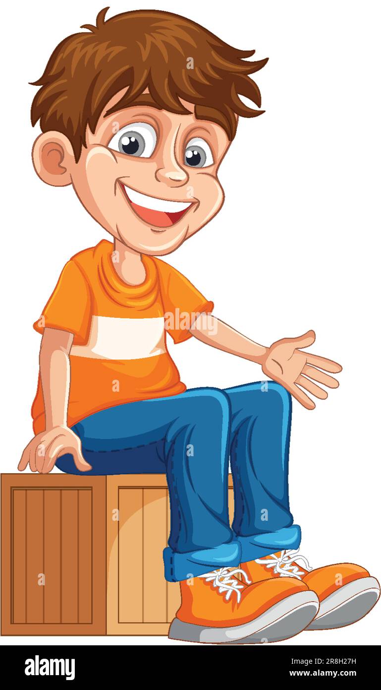 Cheerful Boy Sitting on Wooden Box Cartoon illustration Stock Vector ...