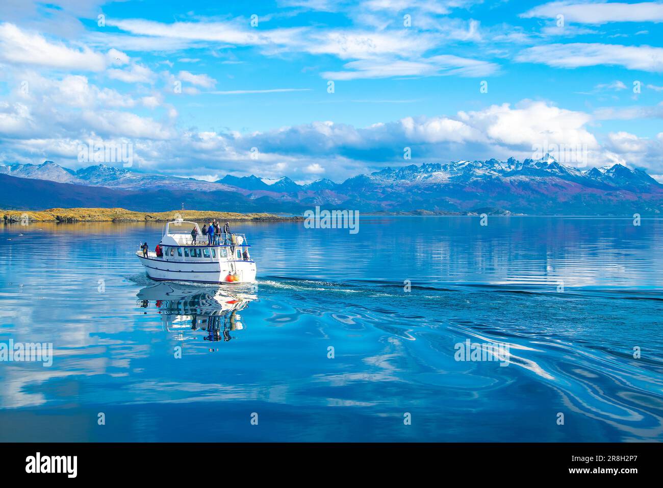 Tourist trip excursion ship sailing at beagle channel, ushuaia, tierra ...