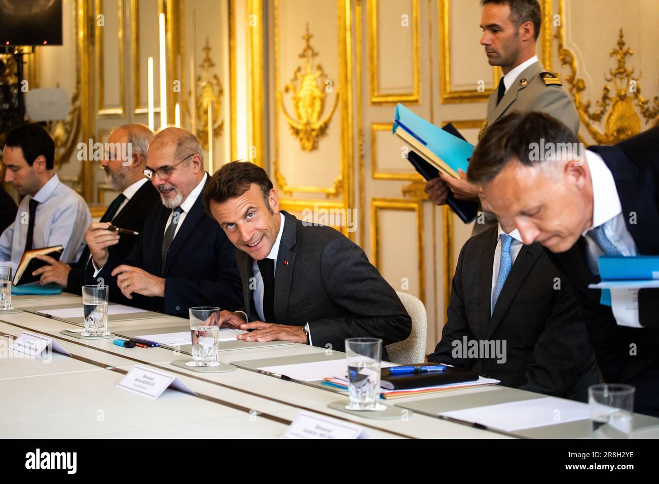 French President Emmanuel Macron accompanied by Secretary-General of ...