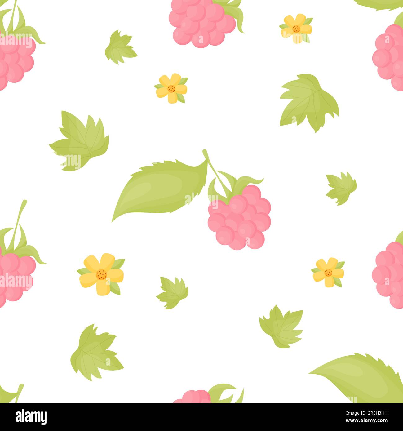 Seamless pattern with summer raspberries with leaves on white ...