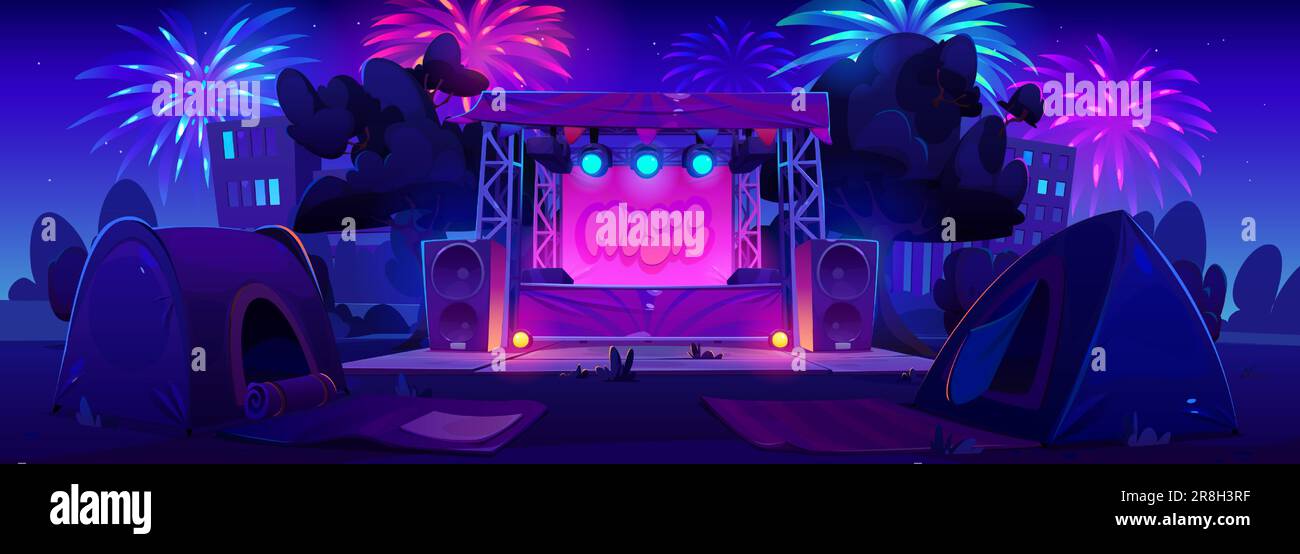 Night outdoor music festival concert stage in park vector illustration ...