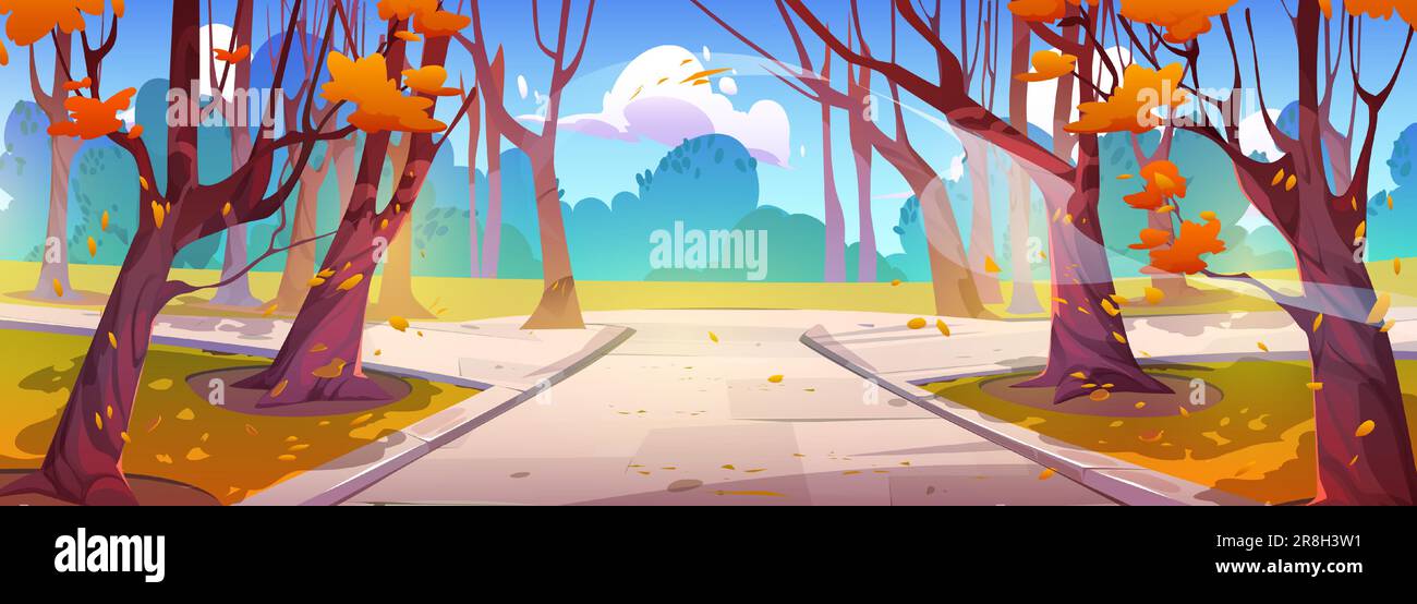Autumn forest park road street cartoon landscape. Garden nature scenery ...