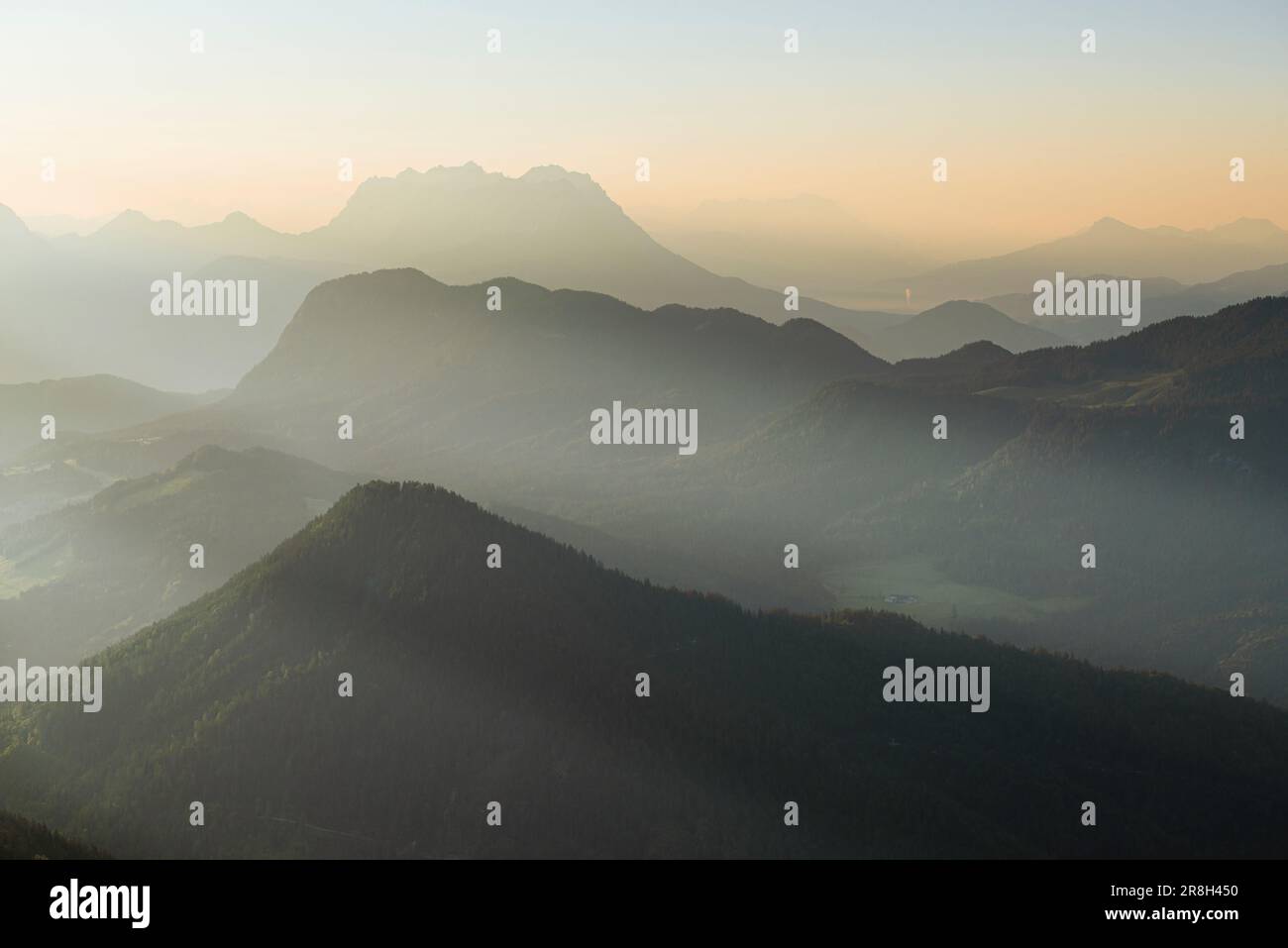 Colourful sunrise in spring over the Tyrolean Alps with the Thierseetal ...