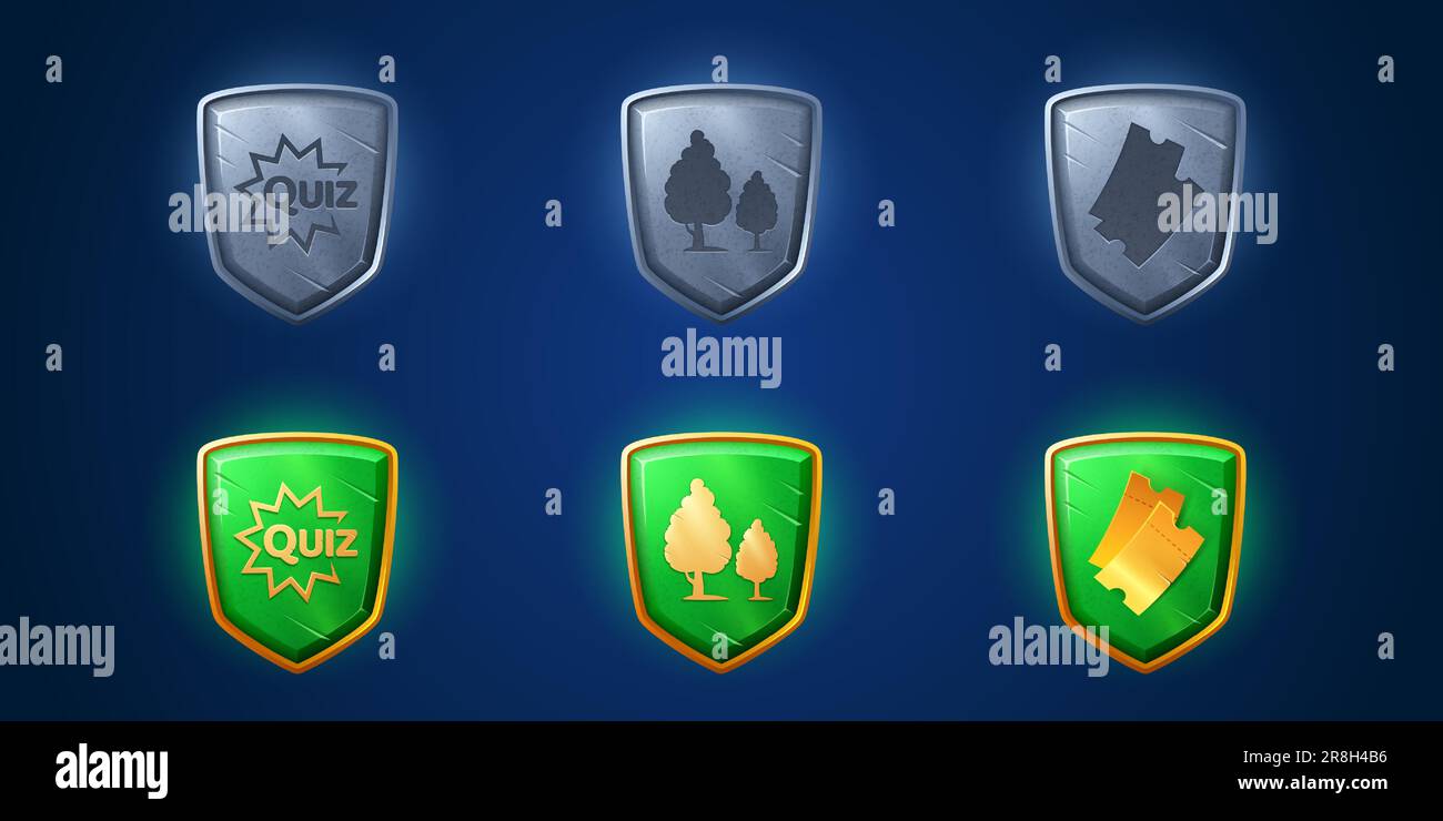 Quiz game shield icon cartoon vector element set. Choose category hover ... Quiz game shield icon cartoon vector element set. Choose category hover ...