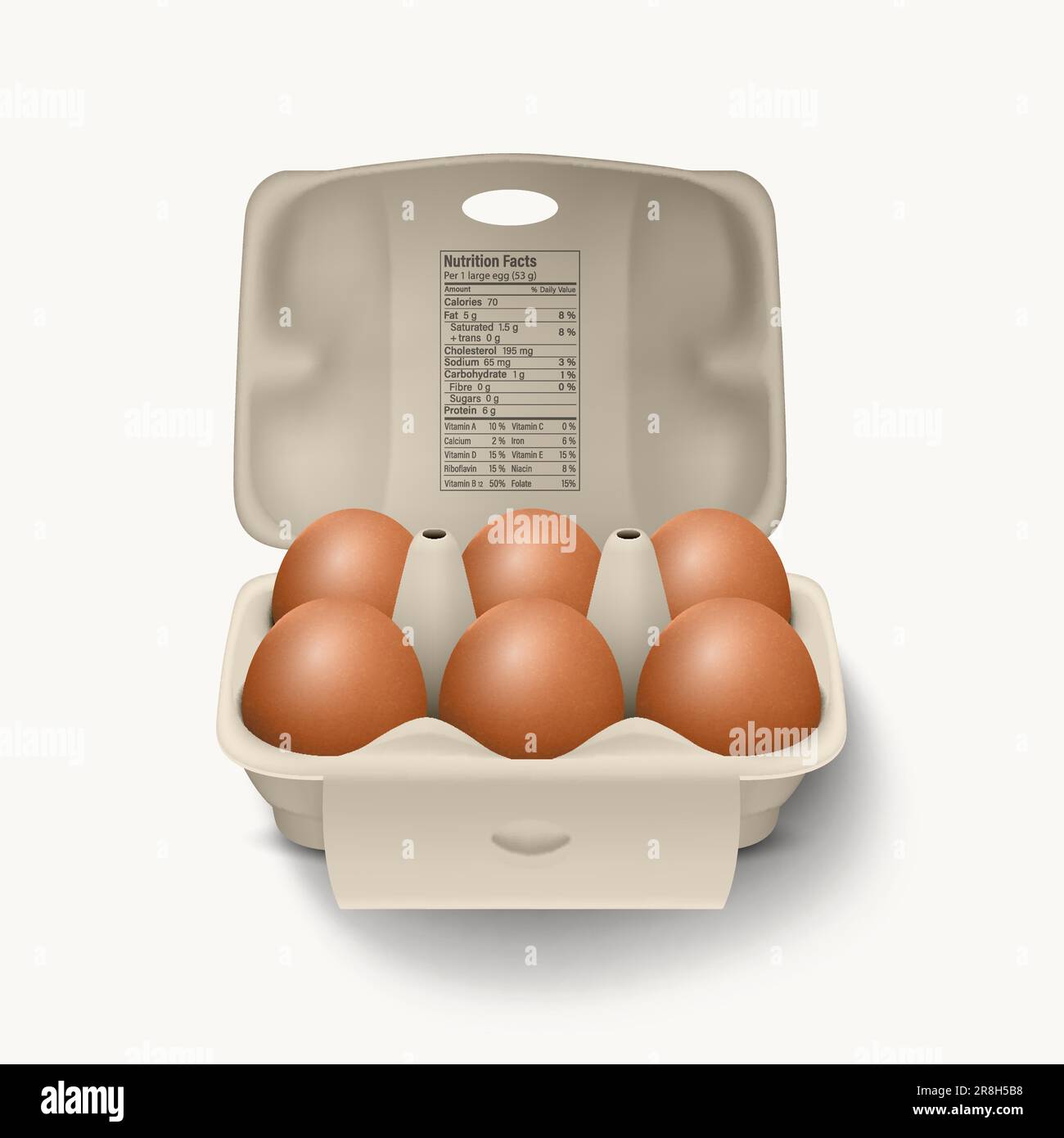 6 Six Vector 3d Realistic Brown Chicken Eggs in Opened Carton Paper Box, Container, Packaging ...