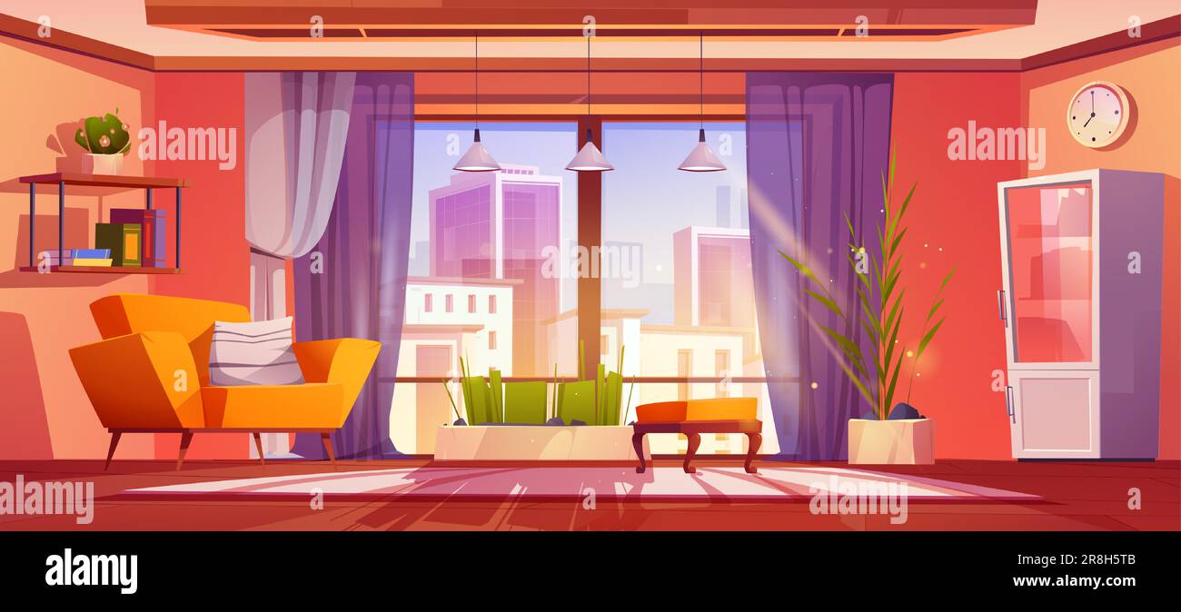 Living room interior with cityview from window cartoon vector ...