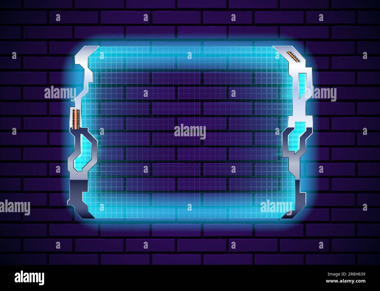 Futuristic metallic frame on the wall with neon glow and transparent ...