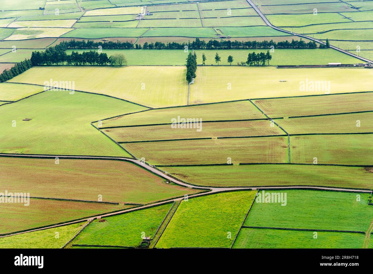 Panoramic aerial view of traditional rural farmland in Terceira Island ...