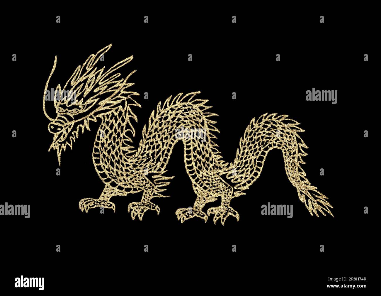 Golden chinese sea dragon isolated on black background. Hand drawn ...