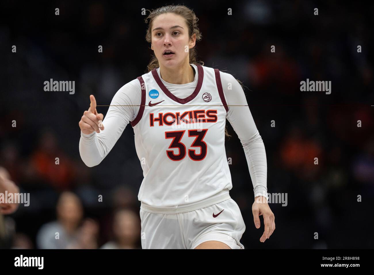 Virginia Tech guard Cayla King gestures during an Elite 8 college ...