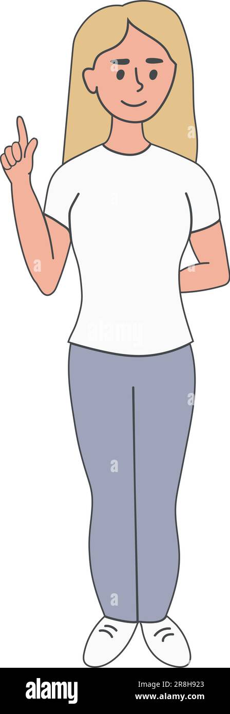 Cartoon girl with a pointing finger. Female pointing or attracting ...