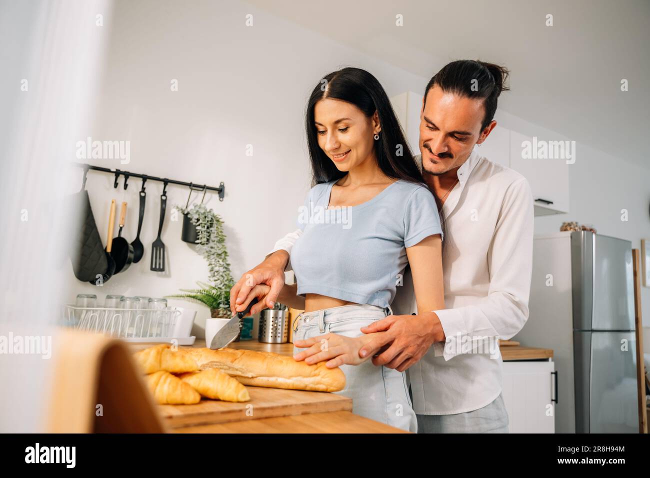 Healthy lovers cooking food in kitchen, Couple spending time together ...
