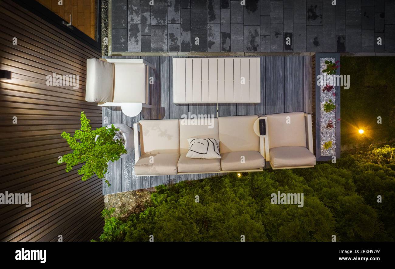 Aerial View of Evening Cozy Patio at Backyard Decorated with Pastel ...