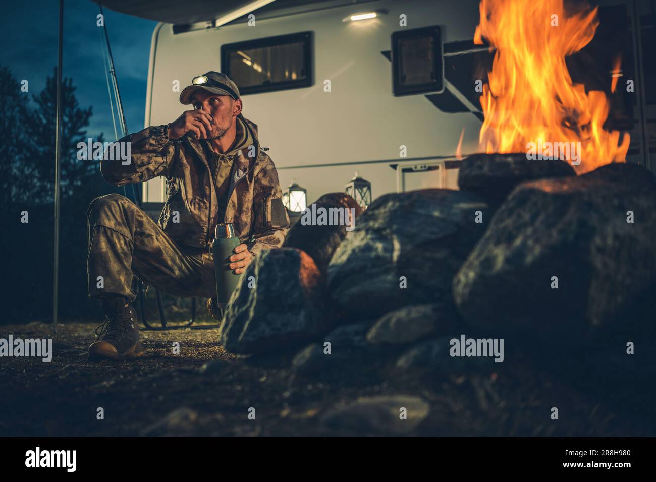 Caucasian Hunter in His 40s Wearing Camouflage Drinking Hot Drink Next ...