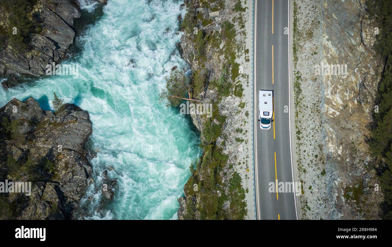 Aerial View of a Modern Camper Van RV on the Scenic Norwegian Road Next ...