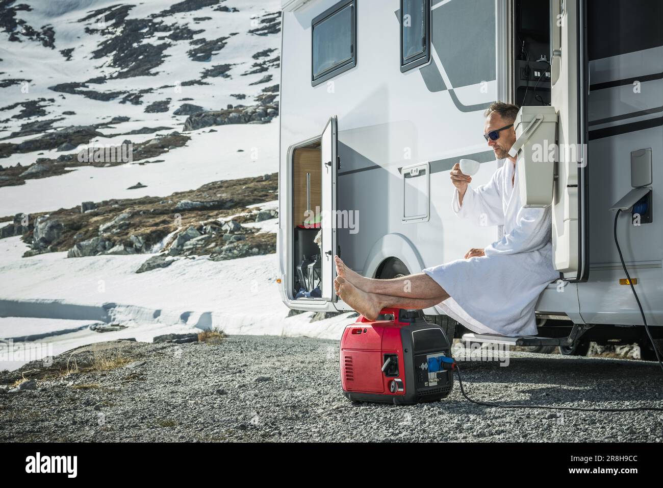 Relaxed Caucasian Man in His 40s on His RV Vacation Enjoying Morning ...