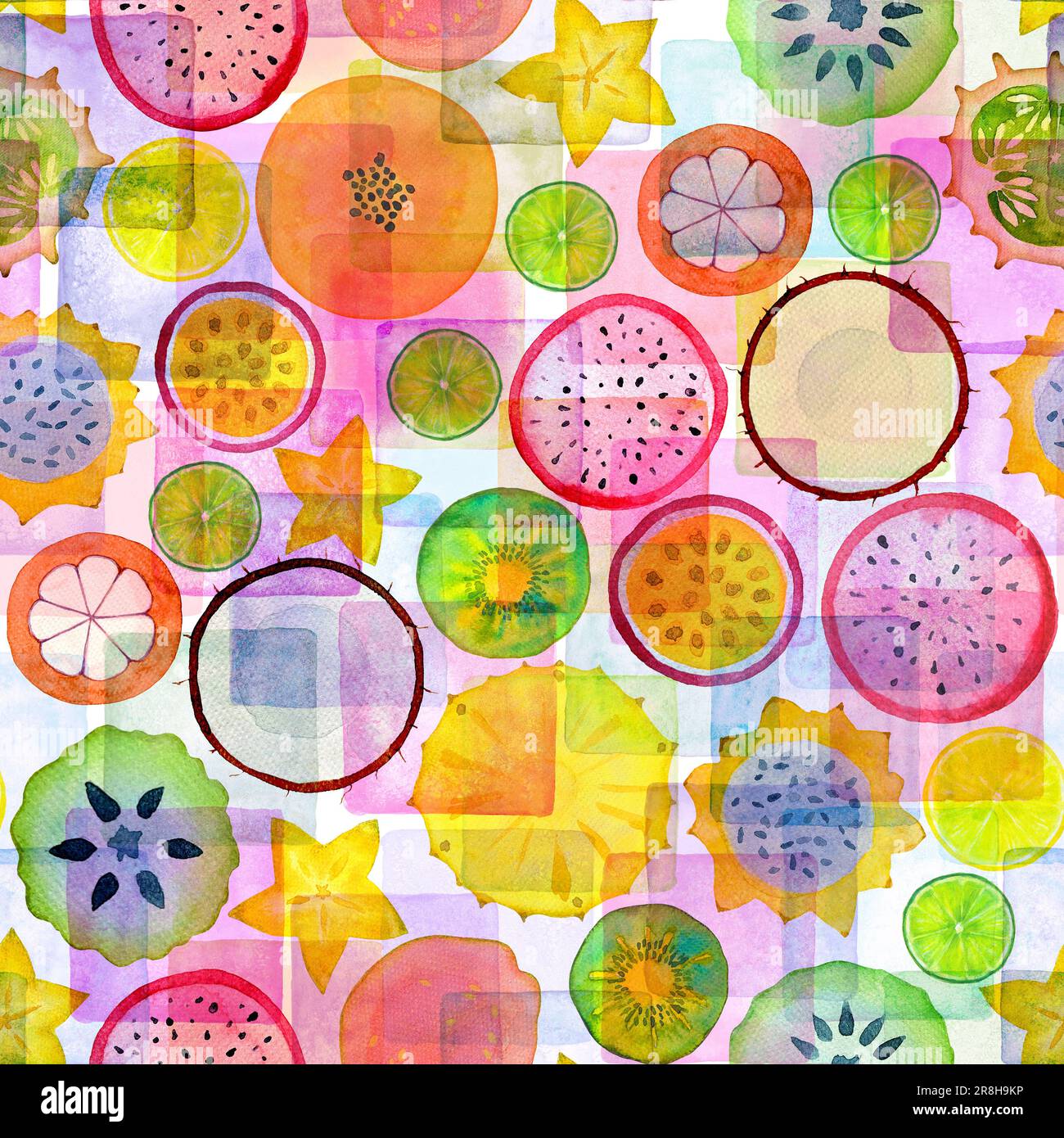 Seamless pattern with exotic tropical fruits slices. Watercolor hand ...