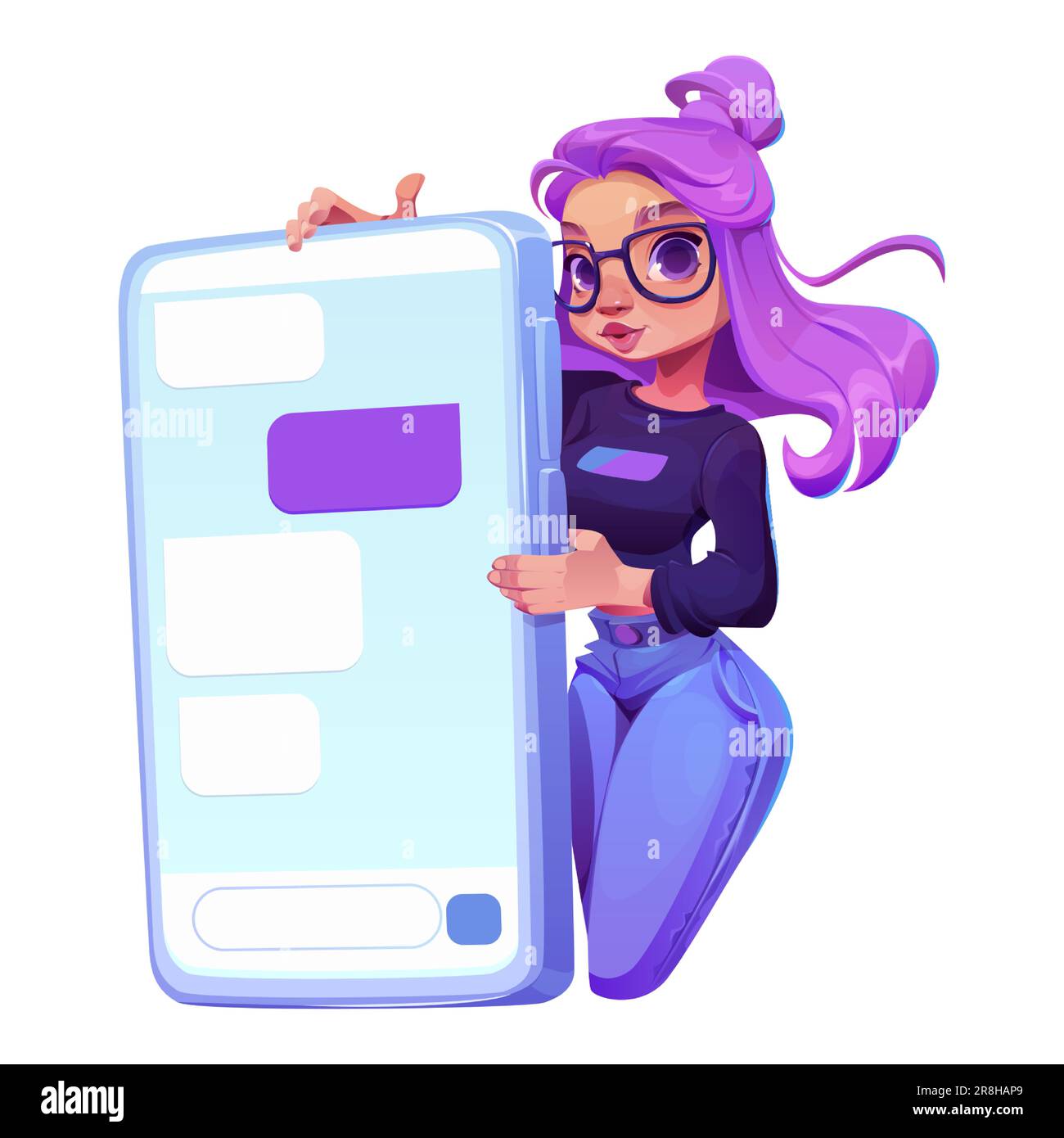 Happy girl using big phone full screen message. Telephone icon with ...