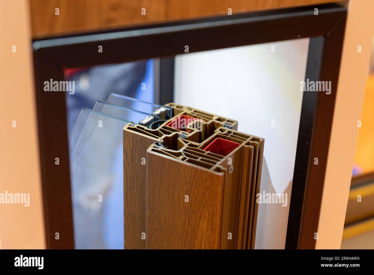 Cross section of aluminum window profile for plastic windows. Mid shot ...