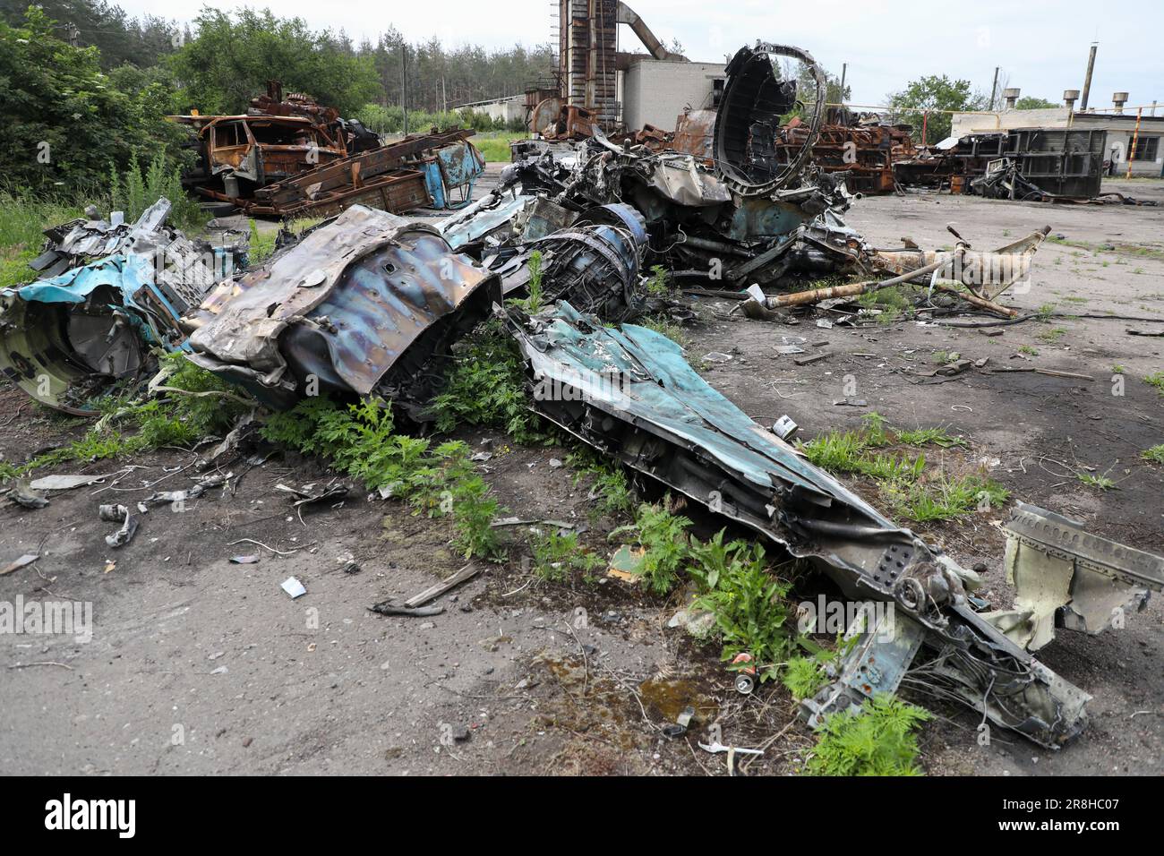 LYMAN, UKRAINE - JUNE 16, 2023 - The remains of a downed Russian Sukhoi ...