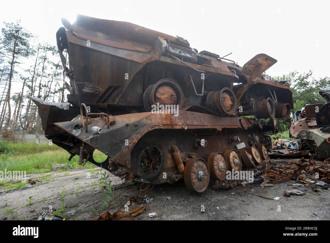 LYMAN, UKRAINE - JUNE 16, 2023 - Destroyed military equipment is ...