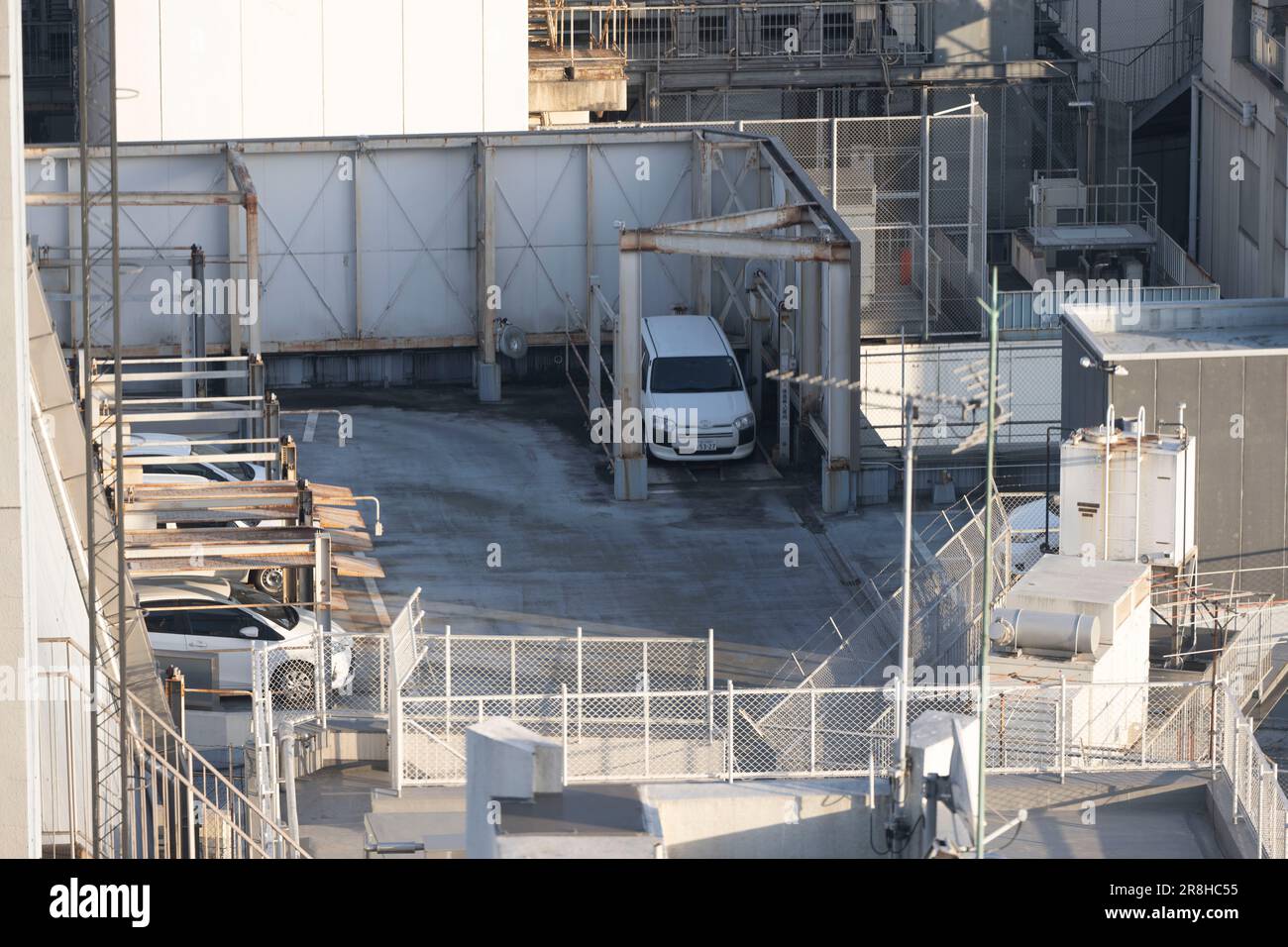 Tokyo, Japan. 3rd Mar, 2023. A rooftop parking lot with a car elevator ...