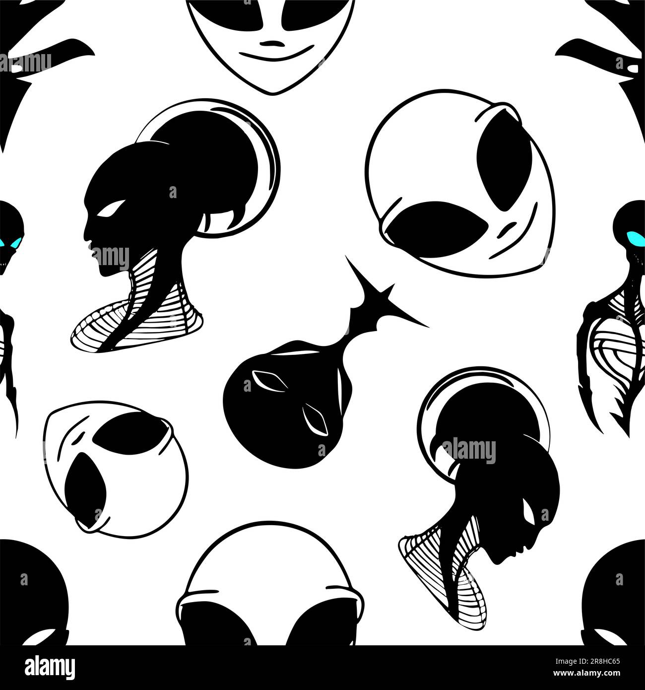 seamless pattern black graphic aliens on white background, texture ...
