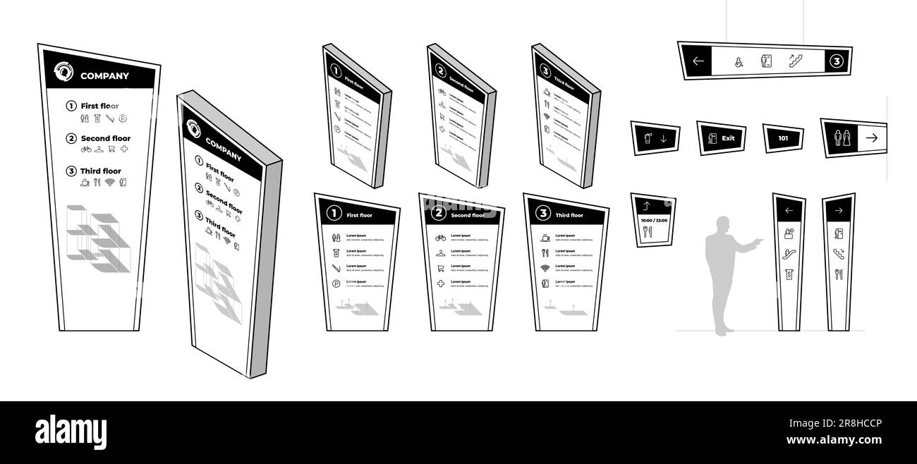 Wayfinding system signage mockup set. Exterior and interior way finding ...