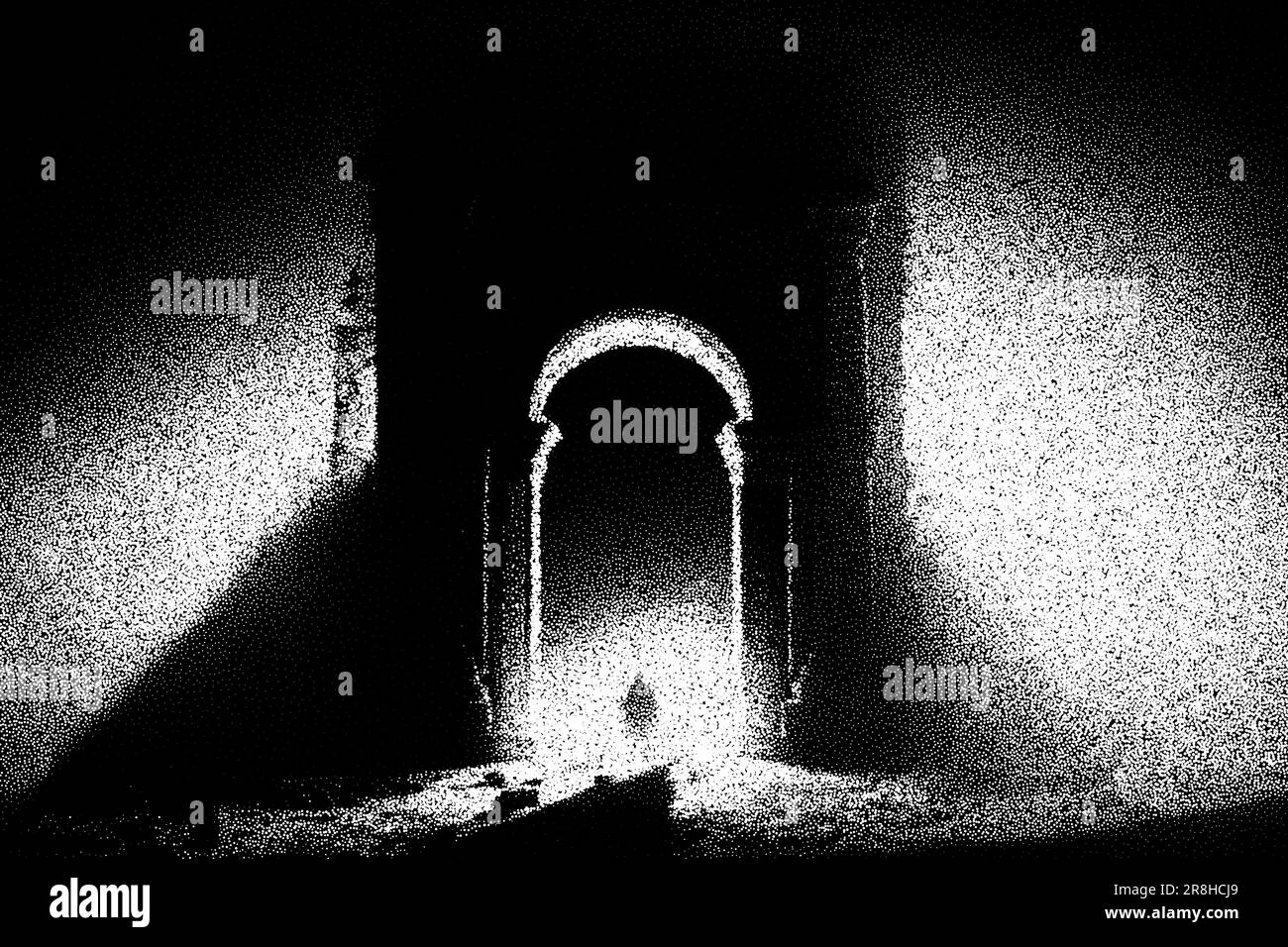 Ancient ruins in sci-fi scene with dotwork retro style. Mysterious gate ...