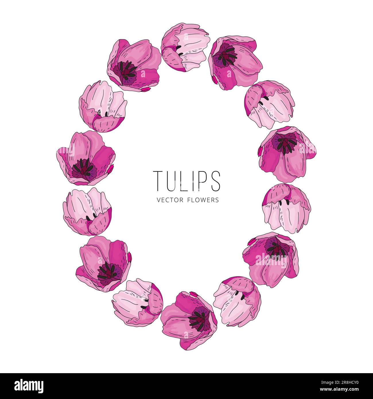 Hand drawn vector floral frame with pink flowers tulips. Elegant logo ...