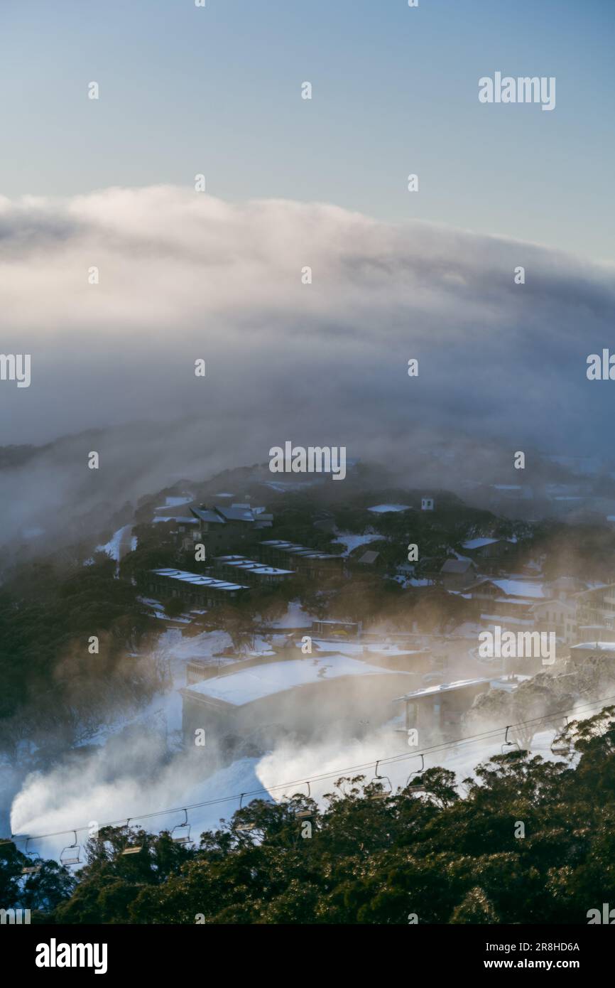 A stunning aerial view of a fog-shrouded landscape, showing the ...