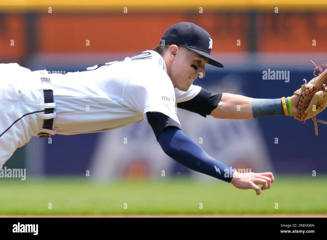 Detroit Tigers third baseman Nick Maton is unable to field the single ...