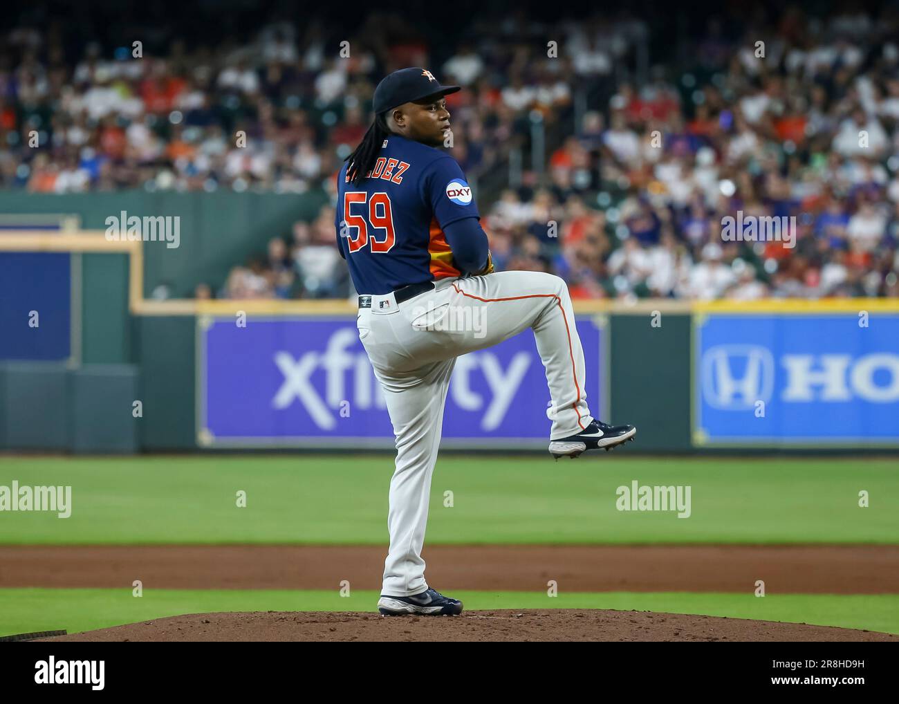 HOUSTON, TX - JUNE 20: Houston Astros starting pitcher Framber Valdez (59) watches the pitch in ...