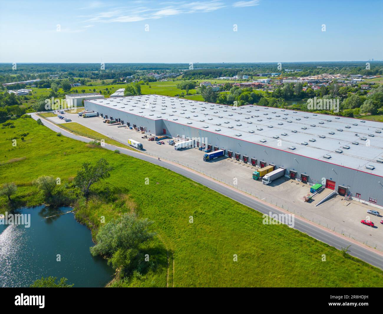 Aerial view of goods warehouse. Logistics center in industrial city ...