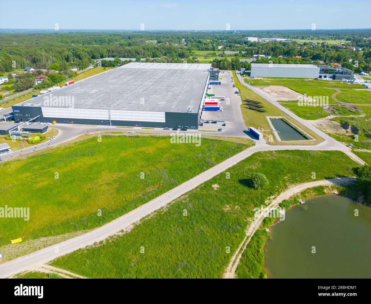 Aerial view of distribution center, drone photo of industrial logistics ...