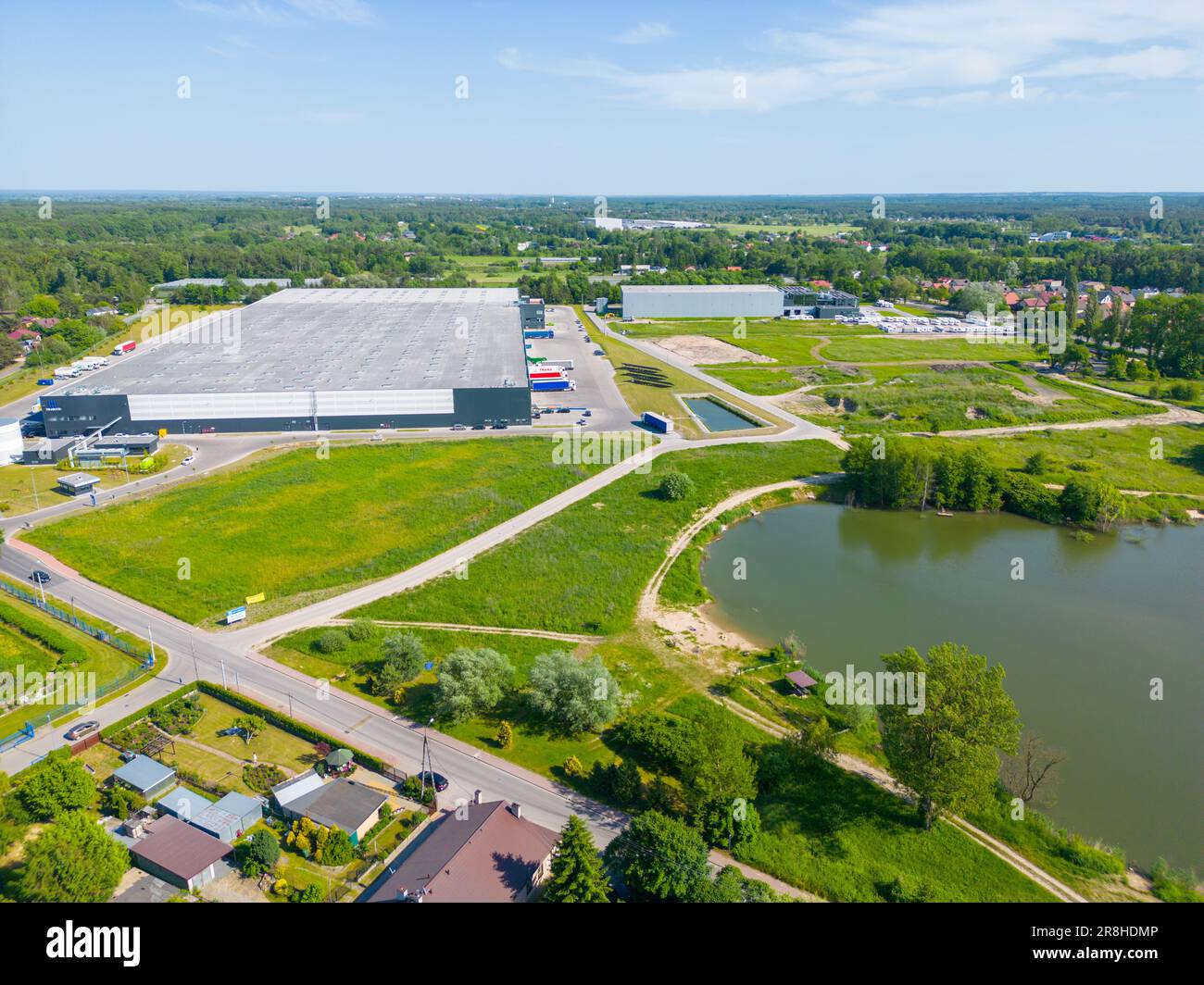 Aerial view of distribution center, drone photo of industrial logistics ...
