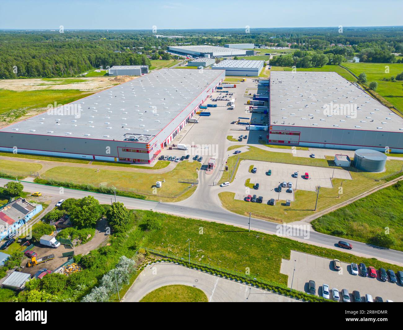 Aerial view of goods warehouse. Logistics center in industrial city ...