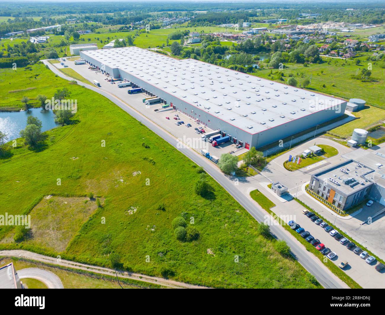 Aerial view of distribution center, drone photo of industrial logistics ...